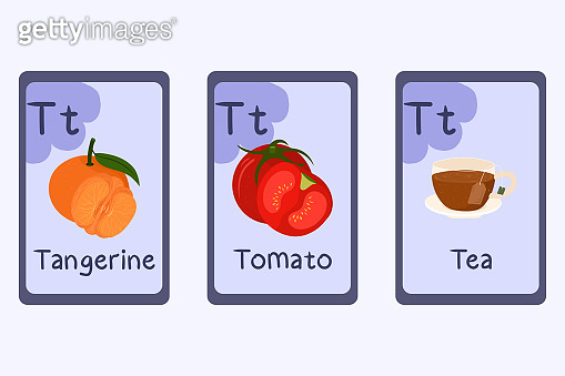 Colorful alphabet flashcard Letter T - tangerine, tea, tomato. Food ...
