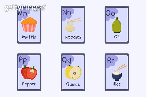 Colorful alphabet flashcard Letter M, N, O, P, Q, R - muffin, noodles ...