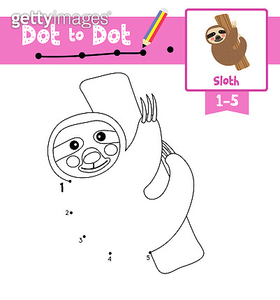 Dot to dot educational game and Coloring book Sloth hanging on tree ...