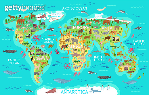 The vector world map with flat cartoon wild animals for kids.South ...