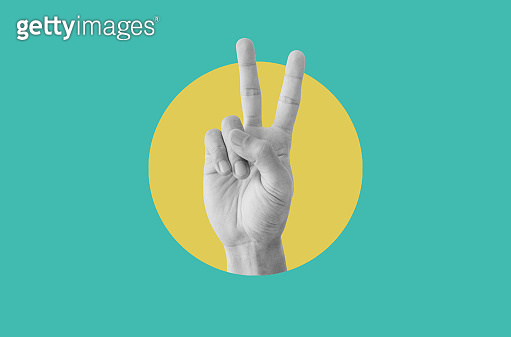Digital collage modern art. Hand showing peace hand sign (1318120288 ...