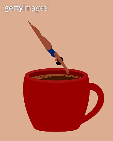 Coffee addict concept. Young african woman addicted to caffeine. Coffee ...