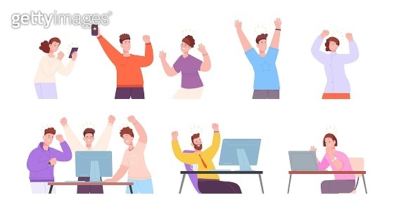 People rejoice luck. Winners celebrate success win victory, achievement ...