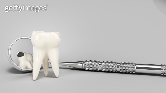 concept of hidden tooth damage in dental mirror 3d render on grey ...