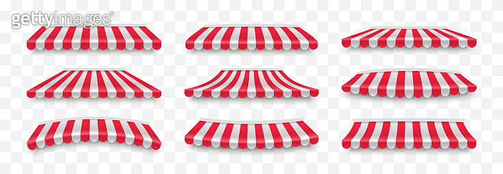 Set of striped awnings different shapes. Red and white sunshade. Shelter for the store. Outdoor ...