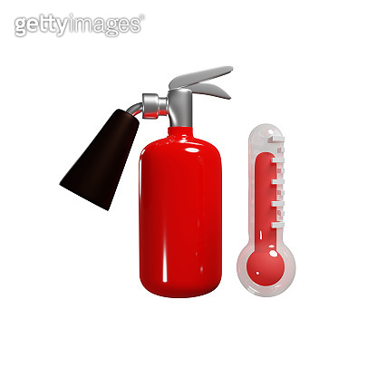 3D red fire extinguisher and hot thermometer, lowering of temperature ...