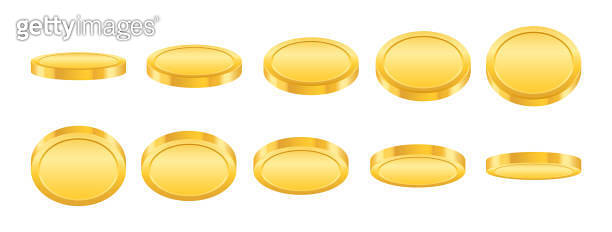 Realistic gold coins animation. Coin rotation at different angles ...