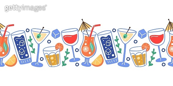 Tropical cocktail seamless border. Hand drawn exotic cold alcoholic ...
