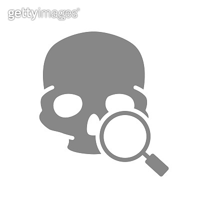 Skull with magnifying glass grey icon. Cranium research, bone structure ...