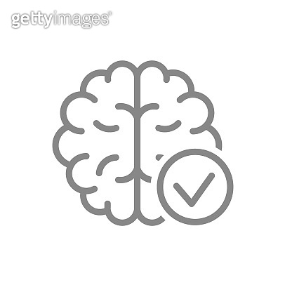 Brain with tick checkmark line icon. Healthy internal organ symbol ...