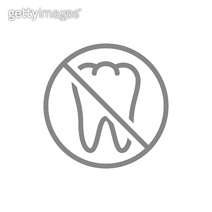 Forbidden sign with a tooth line icon. Transplantation, pull out a ...