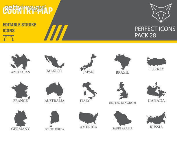 Map of country glyph icon set, country collection, vector sketches ...