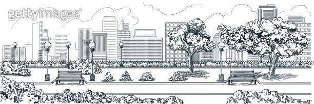 City buildings and park landscape horizontal background. Vector hand ...
