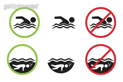 swimming in water icon set, prohibited swimming and diving, swim area ...