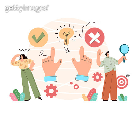 Man and woman characters making yes no choice. Solutions option ...