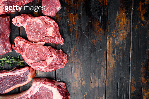 Raw beef meat steaks, tomahawk, t bone, club steak, rib eye and ...