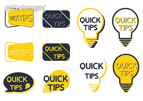 Quick tip icon set. Yellow lightbulb icons with quick tips text inside ...