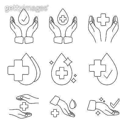 Hand with water drop and medical cross. Medically approved labels ...