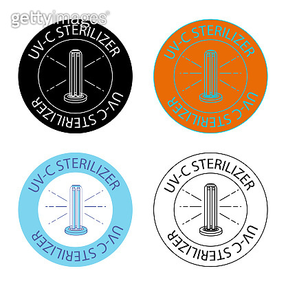 UV-C sterilizer stamp. UV light disinfection icons. Badge set for ...