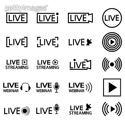 Set of live streaming icons. Black outline symbols and buttons of live ...
