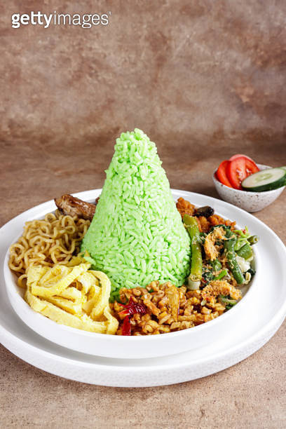 Nasi Tumpeng Pandan is dome shape pandan green rice with various side ...