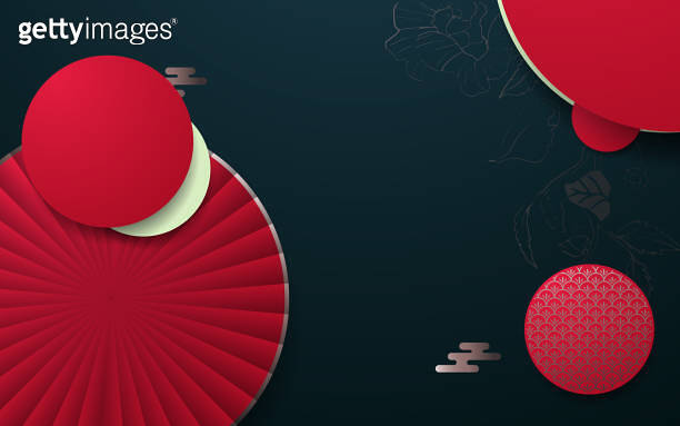 Abstract luxury red paper fan, golden cloud, and wave pattern ...