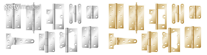 Door hinges realistic set. Classic industrial ironmongery golden and ...