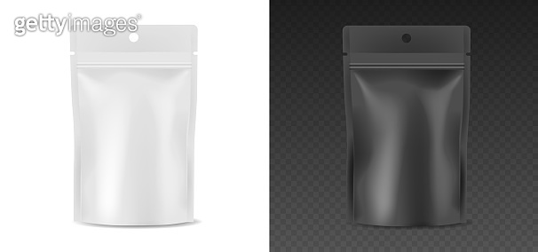 Realistic zip package design. Black and white plastic sachet. Blank ...