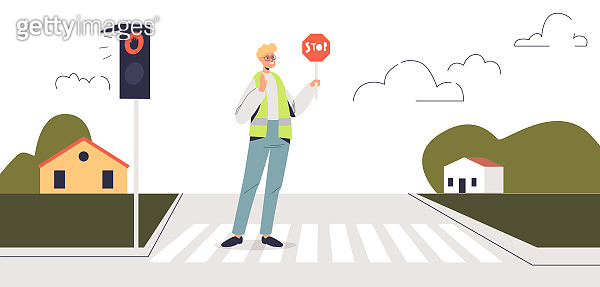 Traffic controller holding stop sign standing on crosswalk on red ...