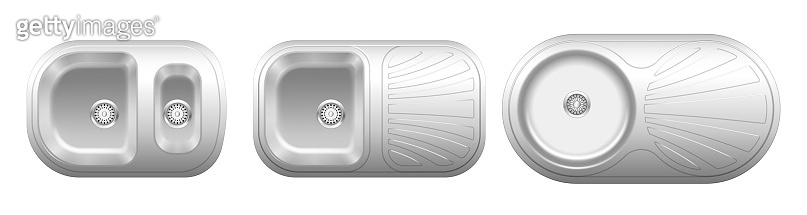 Stainless kitchen sinks set, realistic top view. Empty steel wash bowls ...