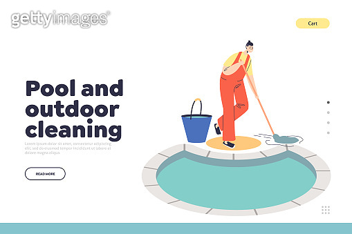 Pool and outdoor cleaning concept of landing page with woman in uniform ...