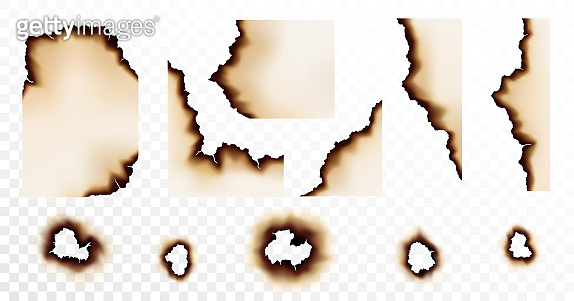 Burnt paper hole, page edges and corners. Realistic fire flames, ashes ...