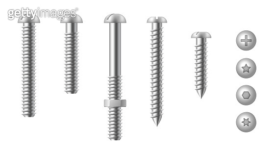Realistic set of stainless steel bolts, nails and screws on white. Top ...