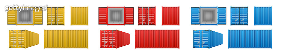 Set of colorful cargo containers in realistic 3d style. Open and closed ...