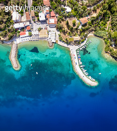 Aerial top down view of the little village Kitries, Messenia, Greece ...