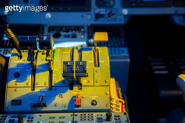 Airplane steering wheel. Control lever for engines, landing gear ...