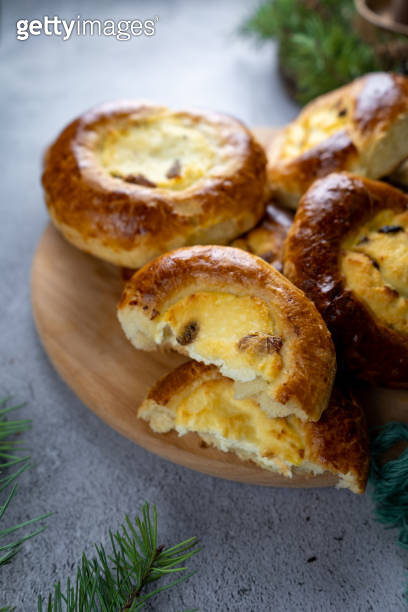 Traditional Russian baking pastry vatrushka, round buns, curd tart ...