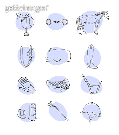 Vector set bundle of hand drawn doodle sketch horse riding equestrian equipment icon 이미지 ...