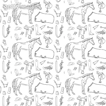 Vector seamless pattern of hand drawn doodle sketch horse riding equestrian equipment 이미지 ...