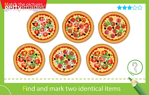 Find and mark two identical items. Puzzle for kids. Matching game ...