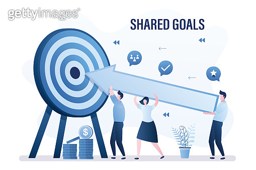 Shared goals, concept. Tiny business people holds huge arrow and aim at ...