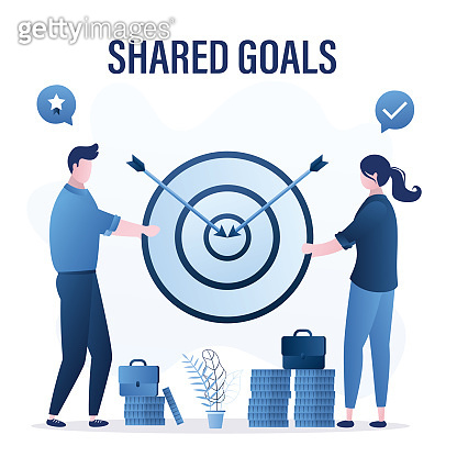 Shared goals, teamwork. Businesspeople holds big target, arrows hit ...