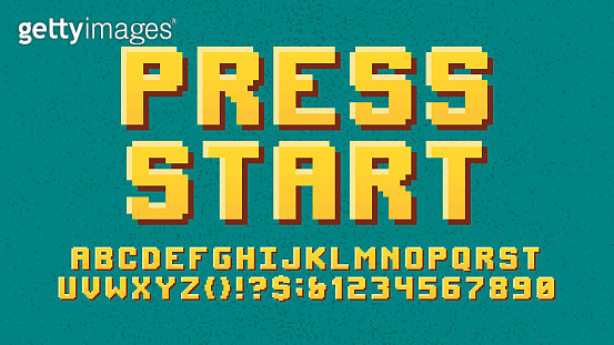 Pixelated typeface computer graphic letters and numbers, old school ...