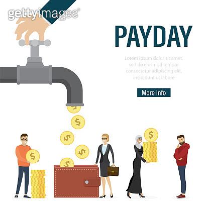 Cartoon hand opened tap, coins fall from pipe. Multiethnic business ...