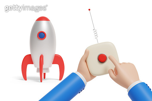 Cartoon hand pressing a button to launch a spaceship. 3d illustration ...