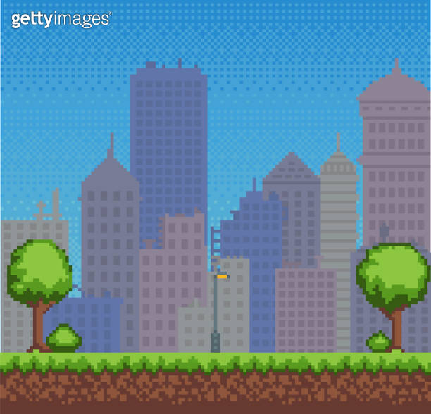 City downtown landscape with skyscraper silhouettes. Low-rise buildings ...