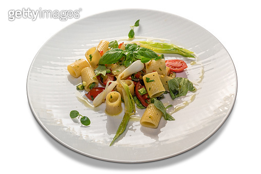 half striped paccheri cooked with tomatoes, basil and spring onion 이미지 ...