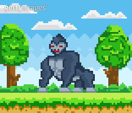 Vector pixelated Gorilla cartoon pixel design wild animal in natural ...