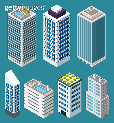 Skyscraper different building set with green plants on the roof flat ...