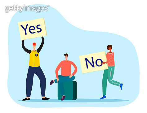 Two people are arguing with each other holding Yes and No sign ...